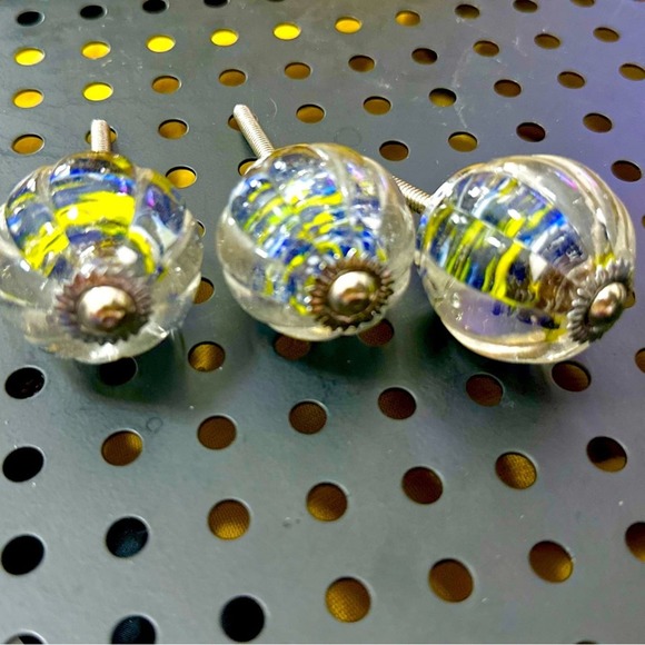 None | Accents | New Set Of 3 Scalloped Glass Drawer Knobs With Yellowblue Accent In Center ...